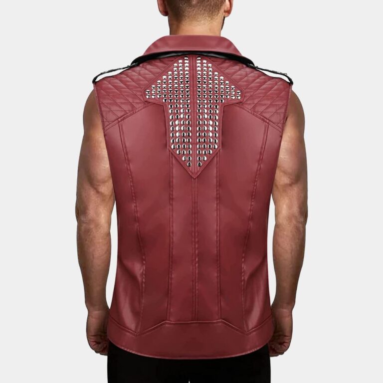 Men's Thor Red Leather Vest - Love and Thunder Back Studded Biker Vest ...