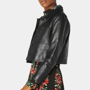 Wednesday Black Cropped Leather Jacket with Spread Collar - SAFYD