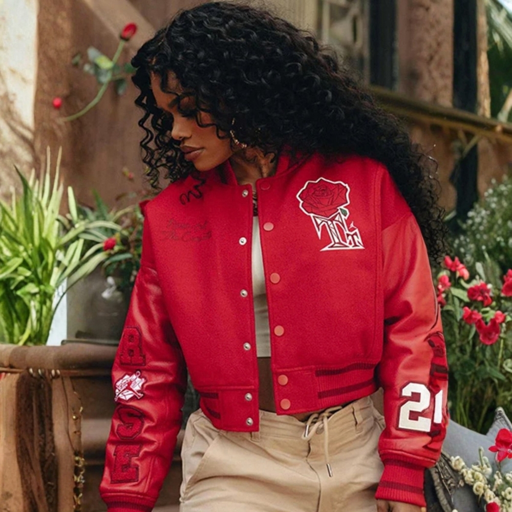 Jordan x Teyana Taylor Red Cropped Varsity Jacket with Leather Sleeves ...