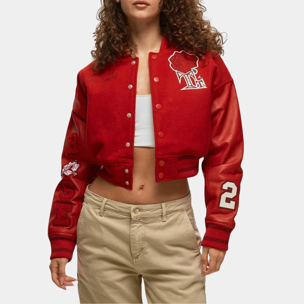 Jordan x Teyana Taylor Red Cropped Varsity Jacket with Leather Sleeves ...