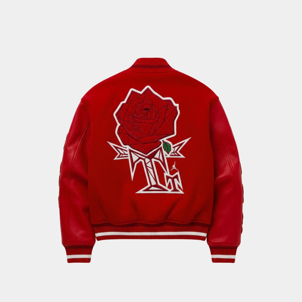 Jordan x Teyana Taylor Red Cropped Varsity Jacket with Leather Sleeves ...
